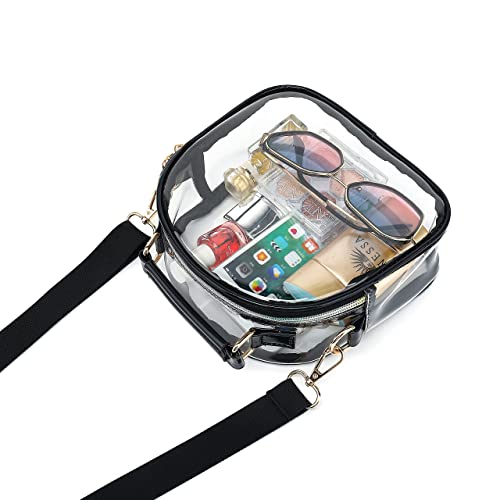 Clear Purses for Women Stadium, Small Clear Crossbody Bag with Adjustable Stap, Cute Handbag Clear Bag Stadium Approved with Shiny Rainbow Zippers (Black)