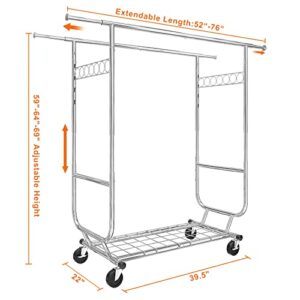 Raybee Clothes Rack Heavy Duty Clothing Rack Loads 600LBS, Clothing Racks for Hanging Clothes, Rolling Clothes Rack with Wheels Garment Rack, Collapsible ＆ Portable Clothing Rack, 76"W x 22"D x 69"H