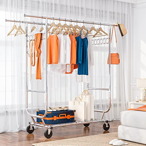 Raybee Clothes Rack Heavy Duty Clothing Rack Loads 600LBS, Clothing Racks for Hanging Clothes, Rolling Clothes Rack with Wheels Garment Rack, Collapsible ＆ Portable Clothing Rack, 76"W x 22"D x 69"H