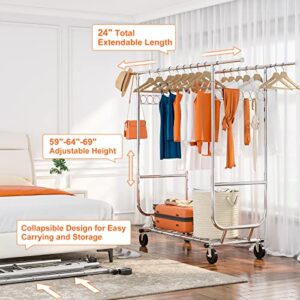 Raybee Clothes Rack Heavy Duty Clothing Rack Loads 600LBS, Clothing Racks for Hanging Clothes, Rolling Clothes Rack with Wheels Garment Rack, Collapsible ＆ Portable Clothing Rack, 76"W x 22"D x 69"H