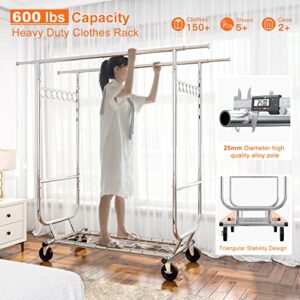 Raybee Clothes Rack Heavy Duty Clothing Rack Loads 600LBS, Clothing Racks for Hanging Clothes, Rolling Clothes Rack with Wheels Garment Rack, Collapsible ＆ Portable Clothing Rack, 76"W x 22"D x 69"H