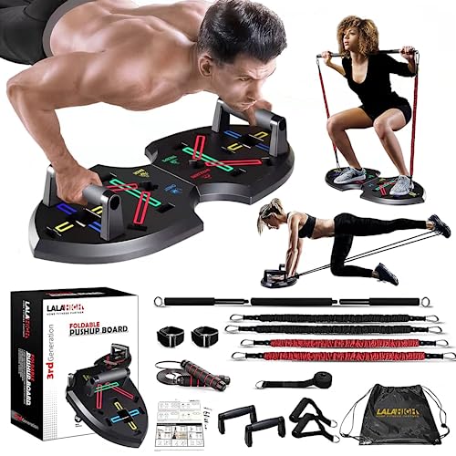 Ultimate Push Up Board, Portable at Home Gym, Strength Training Equipment for Men, Home Workout Equipment with 15 Gym Accessories, Foldable Pushup Bar with Resistance Band, Pilates Bar, Jump Rope (Black)