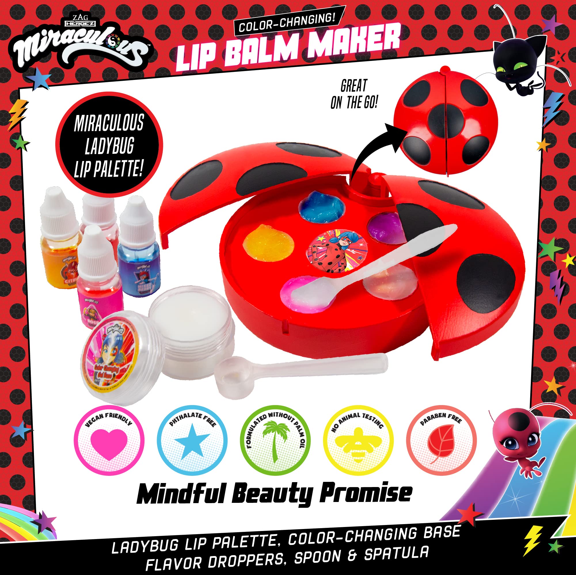 Miraculous Color-Changing Lip Balm Maker, Make Your Own Ladybug Lip Gloss Kit, Travel-Friendly Lip Balm Palette Great for Miraculous Parties & Group Activities, Perfect for Kids Ages 6, 7, 8, 9, 10