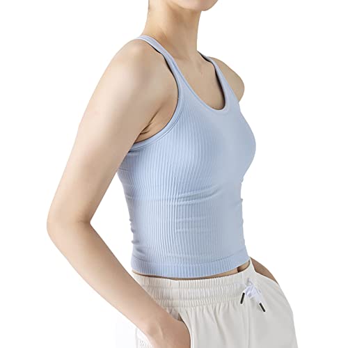 Women's Crop Yoga Racerback Tank Tops Built in Sports Bra Exercise Tops Workout Shirts Blue S