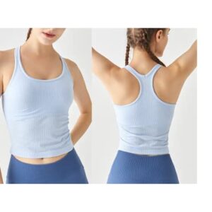 Women's Crop Yoga Racerback Tank Tops Built in Sports Bra Exercise Tops Workout Shirts Blue S