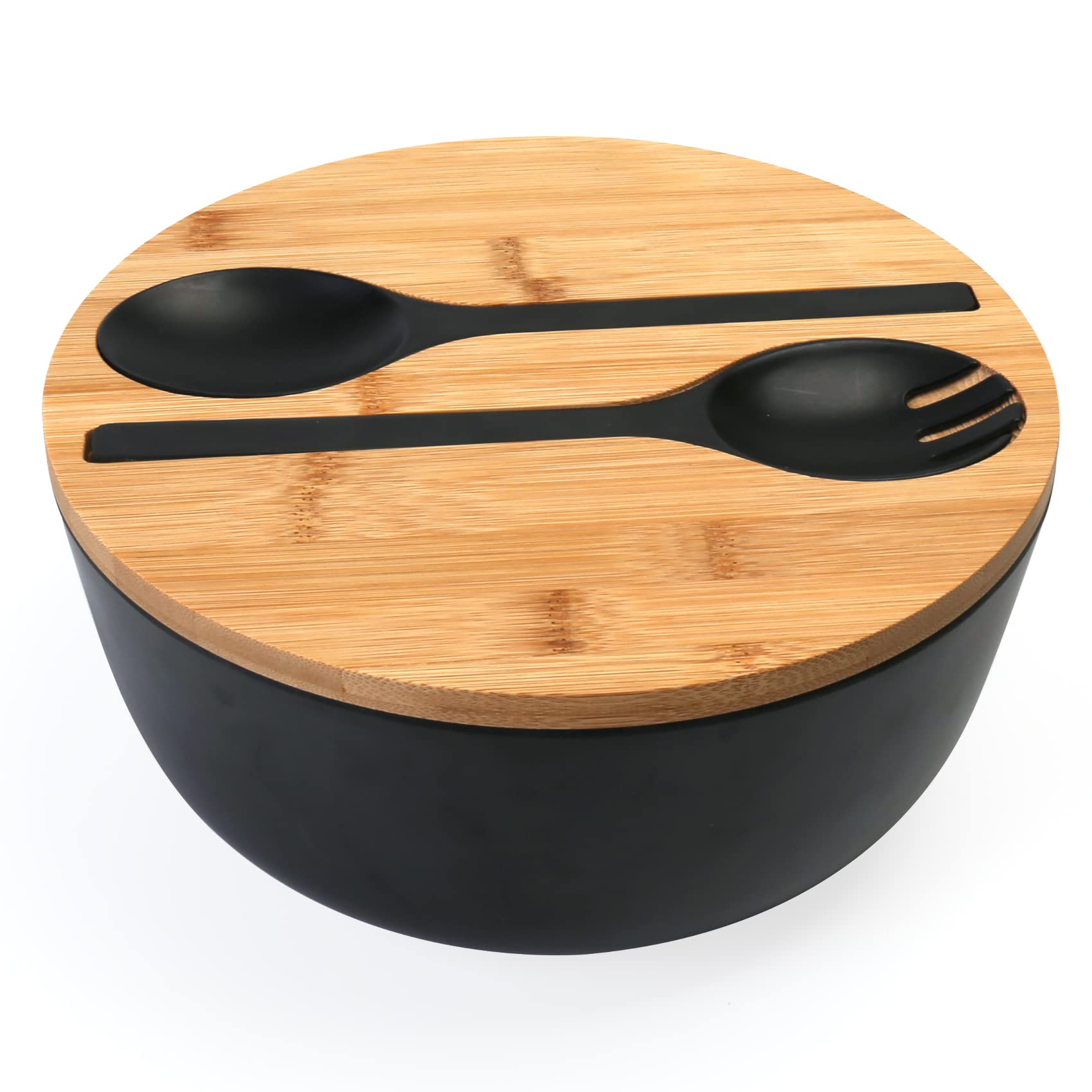 ShineMe Black Salad Bowl Set, 9.8inches Large Bamboo Fiber Salad Bowl With Lid and Utensils(Spoon & Fork), Solid Mixing Bowl For Serving Pasta, Fruits, Vegetables, Bread and Chips