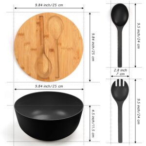 ShineMe Black Salad Bowl Set, 9.8inches Large Bamboo Fiber Salad Bowl With Lid and Utensils(Spoon & Fork), Solid Mixing Bowl For Serving Pasta, Fruits, Vegetables, Bread and Chips