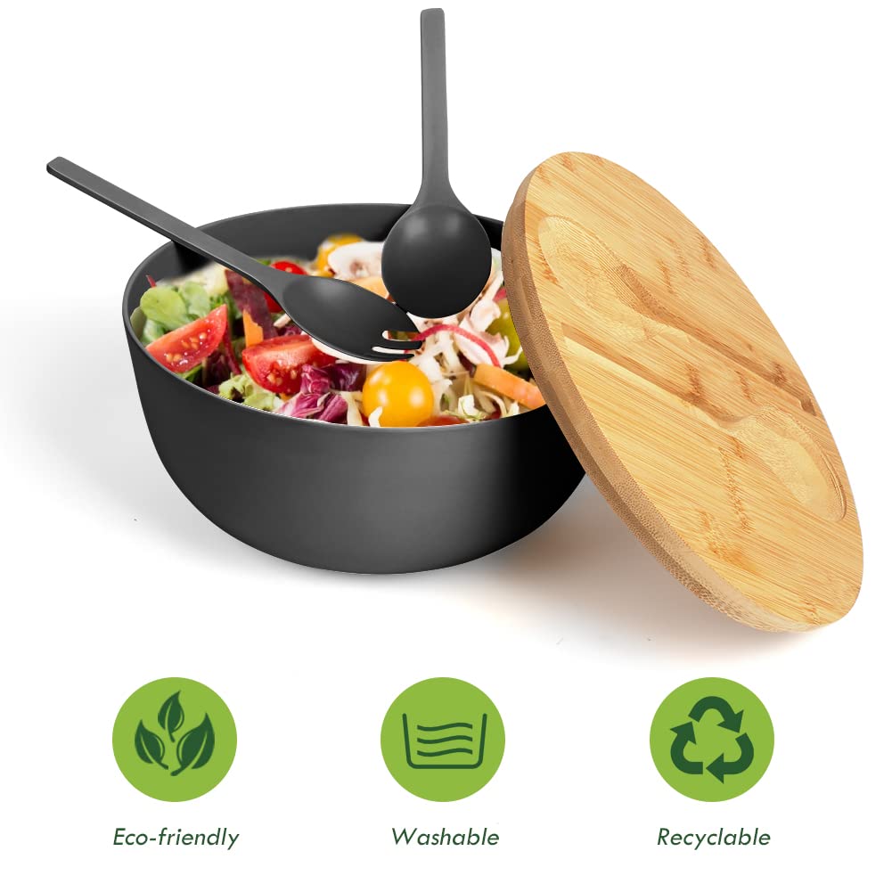 ShineMe Black Salad Bowl Set, 9.8inches Large Bamboo Fiber Salad Bowl With Lid and Utensils(Spoon & Fork), Solid Mixing Bowl For Serving Pasta, Fruits, Vegetables, Bread and Chips