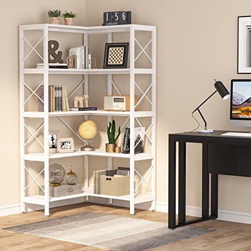 Tribesigns 5-Shelf Corner Bookshelf, Large Modern Corner Bookcase, 5-Tier Tall Corner Shelf Storage Display Rack with Metal Frame for Living Room Home Office (White)