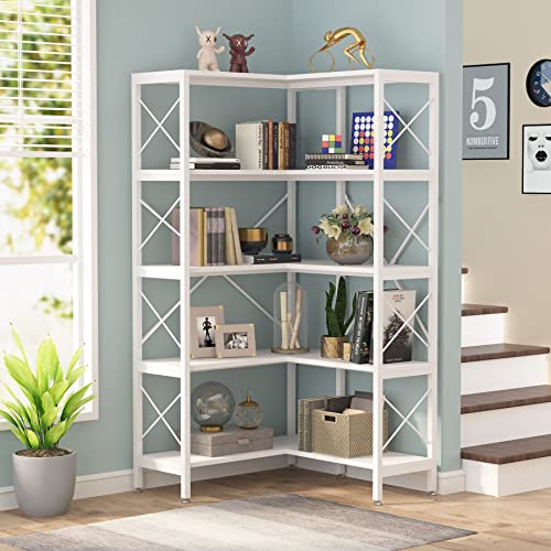 Tribesigns 5-Shelf Corner Bookshelf, Large Modern Corner Bookcase, 5-Tier Tall Corner Shelf Storage Display Rack with Metal Frame for Living Room Home Office (White)