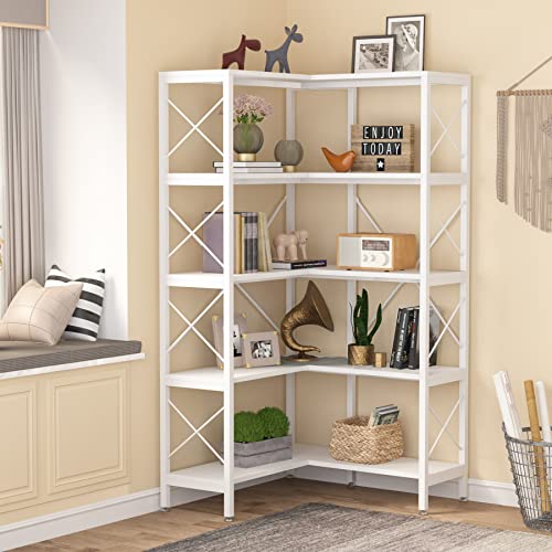 Tribesigns 5-Shelf Corner Bookshelf, Large Modern Corner Bookcase, 5-Tier Tall Corner Shelf Storage Display Rack with Metal Frame for Living Room Home Office (White)