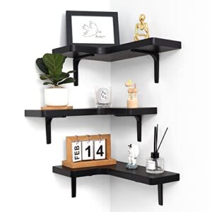 fuqing corner floating shelves, wall shelf set of 3, shelves for wall storage, solid wood shelves for storage, wall mount wooden display shelf for bathroom bedroom kitchen garage, black