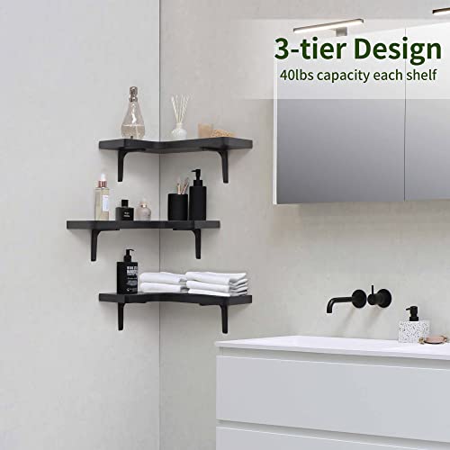 fuqing Corner Floating Shelves, Wall Shelf Set of 3, Shelves for Wall Storage, Solid Wood Shelves for Storage, Wall Mount Wooden Display Shelf for Bathroom Bedroom Kitchen Garage, Black