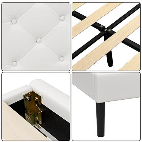 IKIFLY Modern Full Size LED Bed Frame with 2 USB Ports, Upholstered Button Tufted Faux Leather Platform Bed with Adjustable Headboard, Solid Wood Slats, No Box Spring Needed - White/Full