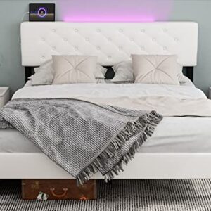 IKIFLY Modern Full Size LED Bed Frame with 2 USB Ports, Upholstered Button Tufted Faux Leather Platform Bed with Adjustable Headboard, Solid Wood Slats, No Box Spring Needed - White/Full