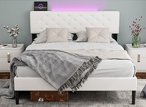 IKIFLY Modern Full Size LED Bed Frame with 2 USB Ports, Upholstered Button Tufted Faux Leather Platform Bed with Adjustable Headboard, Solid Wood Slats, No Box Spring Needed - White/Full