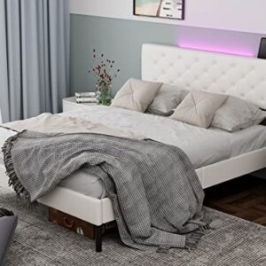 IKIFLY Modern Full Size LED Bed Frame with 2 USB Ports, Upholstered Button Tufted Faux Leather Platform Bed with Adjustable Headboard, Solid Wood Slats, No Box Spring Needed - White/Full