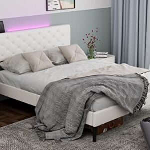 IKIFLY Modern Full Size LED Bed Frame with 2 USB Ports, Upholstered Button Tufted Faux Leather Platform Bed with Adjustable Headboard, Solid Wood Slats, No Box Spring Needed - White/Full