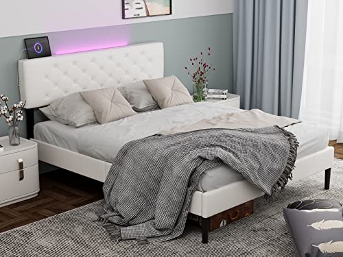 IKIFLY Modern Full Size LED Bed Frame with 2 USB Ports, Upholstered Button Tufted Faux Leather Platform Bed with Adjustable Headboard, Solid Wood Slats, No Box Spring Needed - White/Full