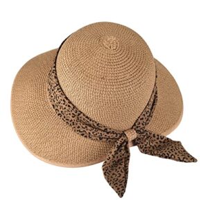 straw sun hat for women summer beach wide brim uv protection hats with chin strap leopard khaki floppy foldable packable ladies fashion cute travel upf 50 cap sombreros de playa para mujer para el sol