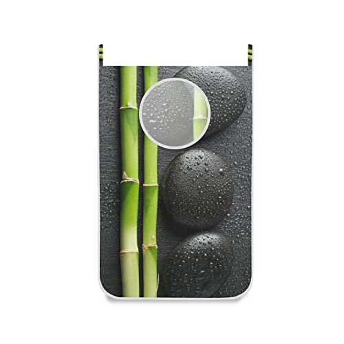 Poeticcity Black Zen Basalt Stones with Dew Green Bamboo on Dark Hanging Laundry Hamper Bag, Dirty Clothes Bag Over The Door, Wall Cloth Basket with Hooks Storage Closet for Bathroom Bedroom