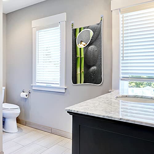 Poeticcity Black Zen Basalt Stones with Dew Green Bamboo on Dark Hanging Laundry Hamper Bag, Dirty Clothes Bag Over The Door, Wall Cloth Basket with Hooks Storage Closet for Bathroom Bedroom