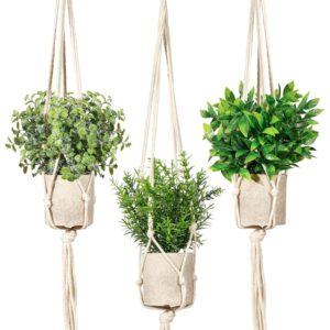 artificial plants 3 pack mini fake hanging with macrame plant hangers decorative faux greenery decor for shelves wall kitchen farmhouse bathroom home office