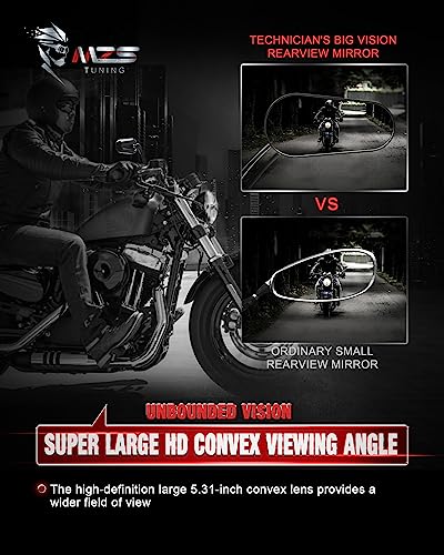 MZS Motorcycle Mirrors, Universal 8MM 10MM Bolts Handlebar Rear View Side mirror Black Compatible with Touring Cruiser Spostster Bobber Chopper Cafe Racer Tracker Street Naked Road Bike