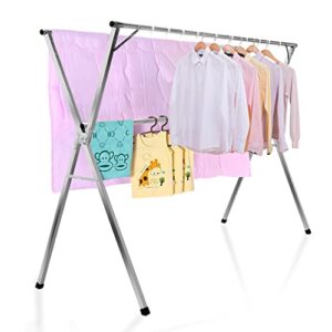 toribio clothes drying rack, 59 inch retractable laundry drying rack folding indoor outdoor, length adjustable saves space heavy duty stainless steel clothing drying rack with windproof hooks