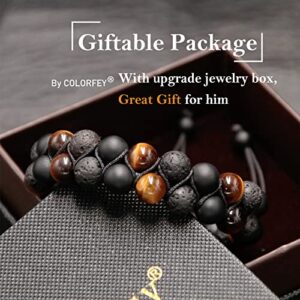 Triple Protection Bracelet for Men Women, Genuine Premium Tiger Eye Black Onyx and Lava Rock 8mm Handmade Bead Bracelet Healing Crystal Protection Bracelet Bring Luck and Prosperity and Happiness