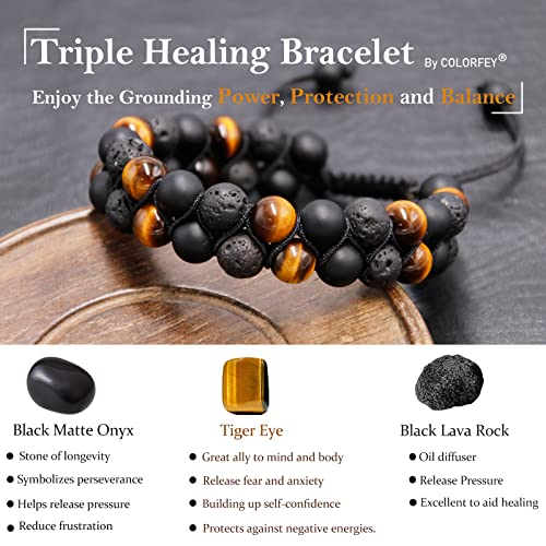 Triple Protection Bracelet for Men Women, Genuine Premium Tiger Eye Black Onyx and Lava Rock 8mm Handmade Bead Bracelet Healing Crystal Protection Bracelet Bring Luck and Prosperity and Happiness