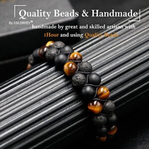 Triple Protection Bracelet for Men Women, Genuine Premium Tiger Eye Black Onyx and Lava Rock 8mm Handmade Bead Bracelet Healing Crystal Protection Bracelet Bring Luck and Prosperity and Happiness