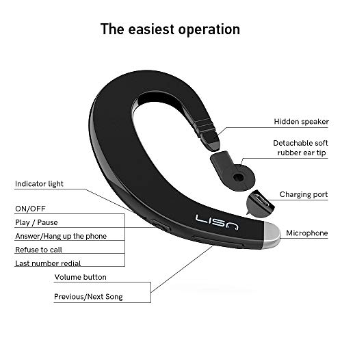 LISN Ear-Hook Bluetooth Headphones, True Wireless Open Ear Bluetooth Headsets with Mic, Ultra-Light Painless Bluetooth Earpieces 8-10 Hrs Playtime for Cell Phone (TWS-Black)