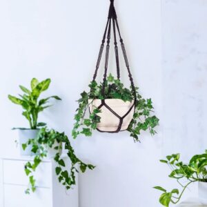 Shineloha 43 Inches Macrame Plant Hanger Large for up to 12 inch Pot | Extra Long + Hook | No Tassel, Cotton Rope Hanging Plant Holder with Swag Hook, NO Plant/Pot Included (Black)