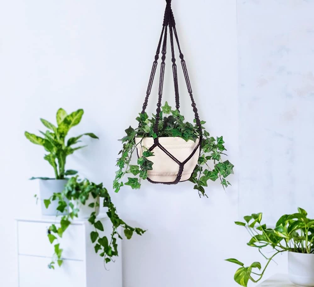 Shineloha 43 Inches Macrame Plant Hanger Large for up to 12 inch Pot | Extra Long + Hook | No Tassel, Cotton Rope Hanging Plant Holder with Swag Hook, NO Plant/Pot Included (Black)