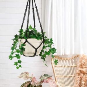 Shineloha 43 Inches Macrame Plant Hanger Large for up to 12 inch Pot | Extra Long + Hook | No Tassel, Cotton Rope Hanging Plant Holder with Swag Hook, NO Plant/Pot Included (Black)