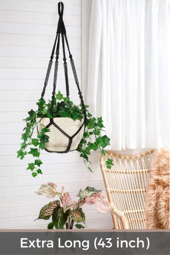 Shineloha 43 Inches Macrame Plant Hanger Large for up to 12 inch Pot | Extra Long + Hook | No Tassel, Cotton Rope Hanging Plant Holder with Swag Hook, NO Plant/Pot Included (Black)