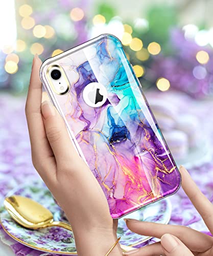 Hocase for iPhone XR Case, (with Built-in Screen Protector) Shockproof Soft TPU+Hard Plastic Rugged Slim Cute Stylish Full Body Protective Case for iPhone XR 6.1" 2018 - Watercolor Marble