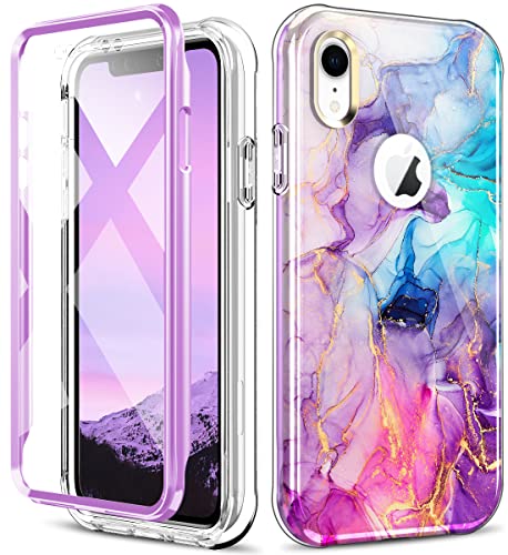 Hocase for iPhone XR Case, (with Built-in Screen Protector) Shockproof Soft TPU+Hard Plastic Rugged Slim Cute Stylish Full Body Protective Case for iPhone XR 6.1" 2018 - Watercolor Marble