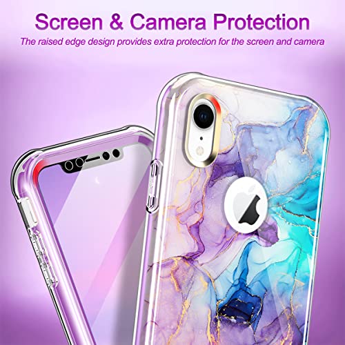 Hocase for iPhone XR Case, (with Built-in Screen Protector) Shockproof Soft TPU+Hard Plastic Rugged Slim Cute Stylish Full Body Protective Case for iPhone XR 6.1" 2018 - Watercolor Marble