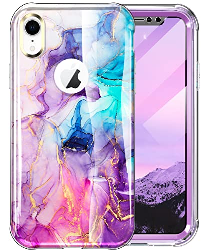 Hocase for iPhone XR Case, (with Built-in Screen Protector) Shockproof Soft TPU+Hard Plastic Rugged Slim Cute Stylish Full Body Protective Case for iPhone XR 6.1" 2018 - Watercolor Marble