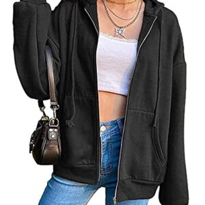 Women's Zip Up Hoodie Long Sleeve Fall Oversized Sweatshirts Casual Drawstring Y2K Hoodies Jacket With Pocket X-Large Black