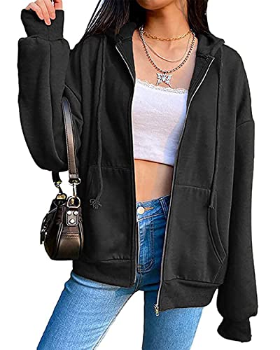 Women's Zip Up Hoodie Long Sleeve Fall Oversized Sweatshirts Casual Drawstring Y2K Hoodies Jacket With Pocket X-Large Black