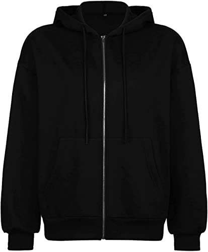 Women's Zip Up Hoodie Long Sleeve Fall Oversized Sweatshirts Casual Drawstring Y2K Hoodies Jacket With Pocket X-Large Black