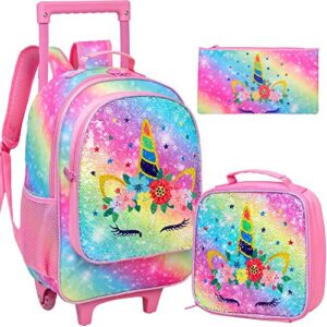 4pcs rolling backpack for girls,kids unicorn bookbag with roller wheels, suitcase school bag set for toddler elementary