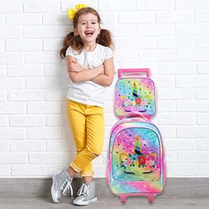 4PCS Rolling Backpack for Girls,Kids Unicorn Bookbag with Roller Wheels, Suitcase School Bag Set for Toddler Elementary