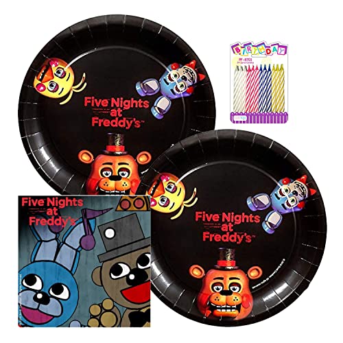 Five Night at Freddy Party Supplies Pack Serves 16: 9inch Plates and Luncheon Napkins with Birthday Candles (Bundle for 16) Black Red Multi Color