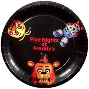 Five Night at Freddy Party Supplies Pack Serves 16: 9inch Plates and Luncheon Napkins with Birthday Candles (Bundle for 16) Black Red Multi Color