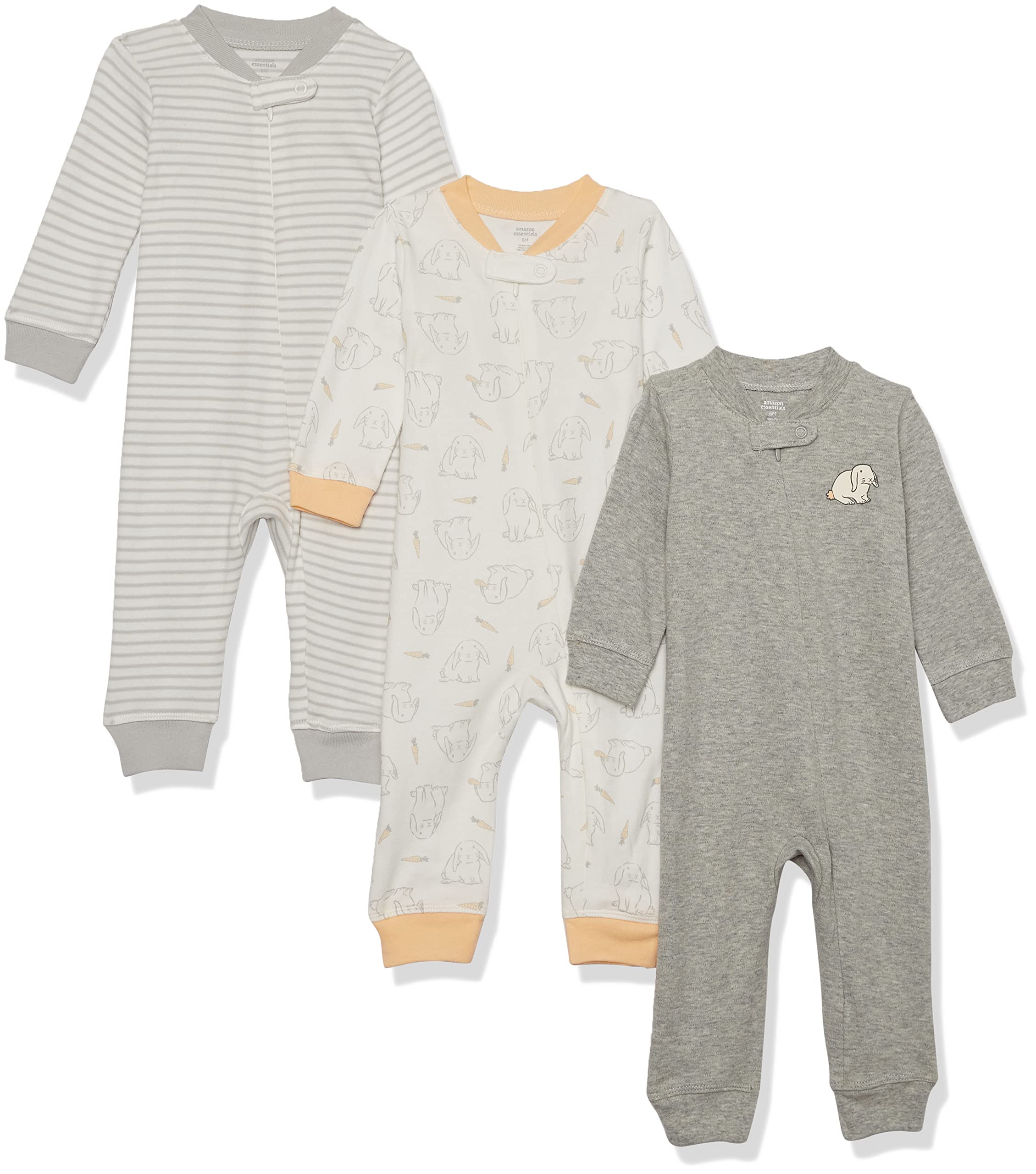 Amazon Essentials Baby Girls' Cotton Footless Zip-Front Sleep and Play, Pack of 3, Grey Bunny, 3-6 Months