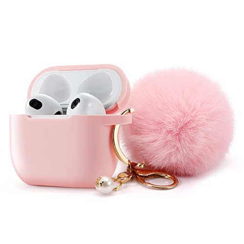 Protective Case Cover for Airpods 3 Charging Case, Soft Silicone Case Compatible with Air Pods 3rd Generation 2021 with Cute Ball Fluffy Pom Pom Keychain Kit (3rd, Pink)